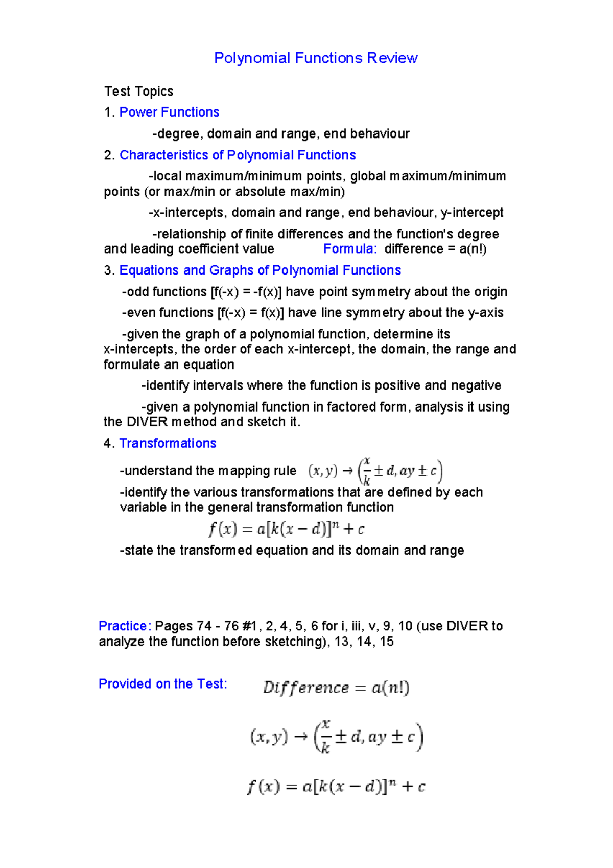 Polynomial Functions Unit Test Review: Key Topics & Practice - Studocu