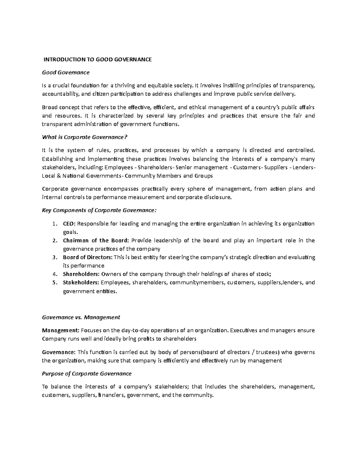 Introduction TO GOOD Governance - INTRODUCTION TO GOOD GOVERNANCE Good ...