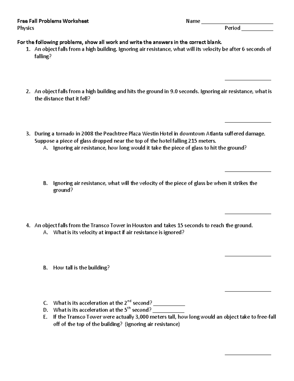 Physics 101: Free Fall Problems Worksheet - Studocu