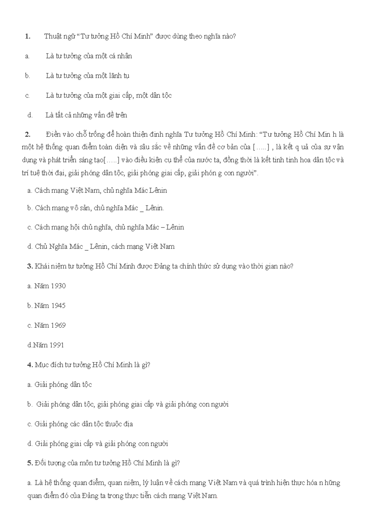 Câu Hỏi Trắc Nghiệm Môn Tư Tưởng Hồ Chí Minh Có Đáp Án - Studocu