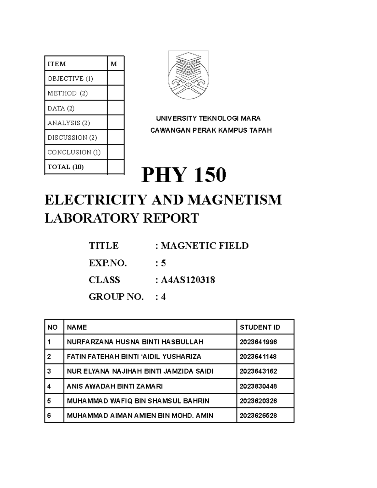 Laboratory Report: Experiment 5 - Magnetic Field Analysis (PHY 150) - Studocu