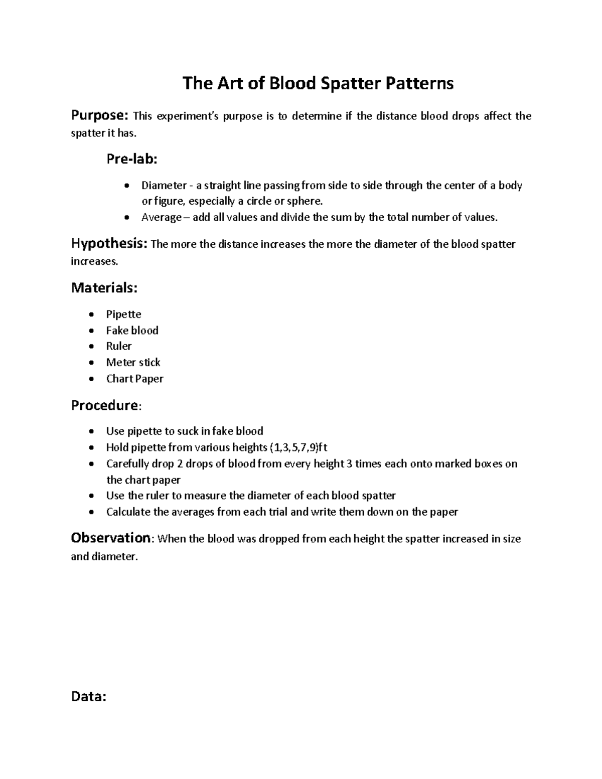 BSP 101 Lab Report: Examining Blood Spatter Patterns and Heights - Studocu