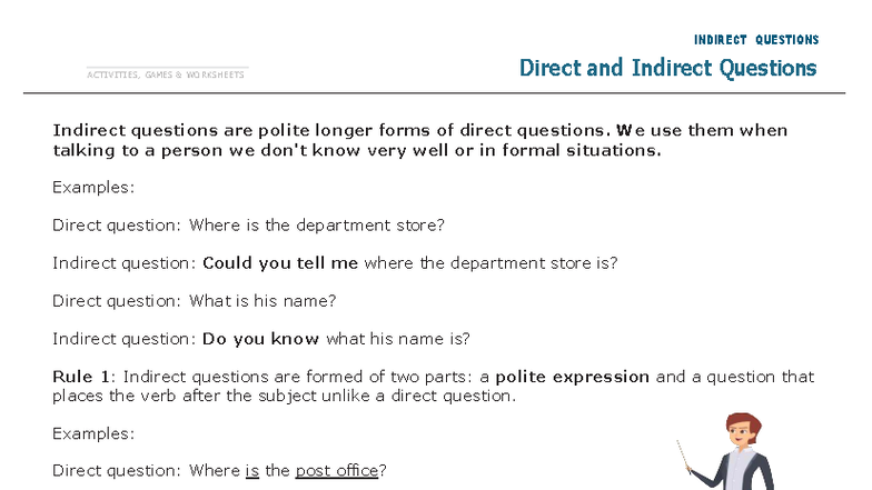 Indirect Questions Activities & Worksheets for Grammar (ENG 101) - Studocu
