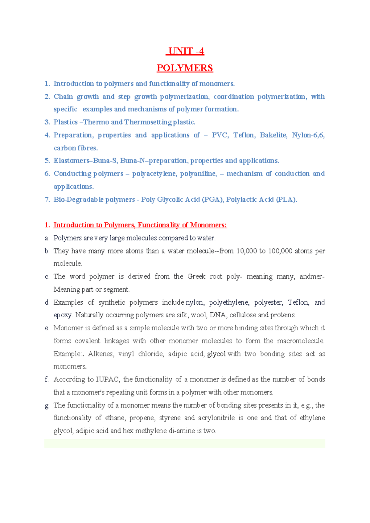 Unit-4: Comprehensive Notes on Polymers and Their Applications - Studocu
