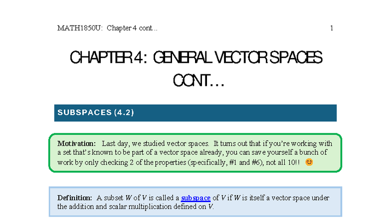 MATH1850U: Chapter 4 - General Vector Spaces & Subspaces - Studocu