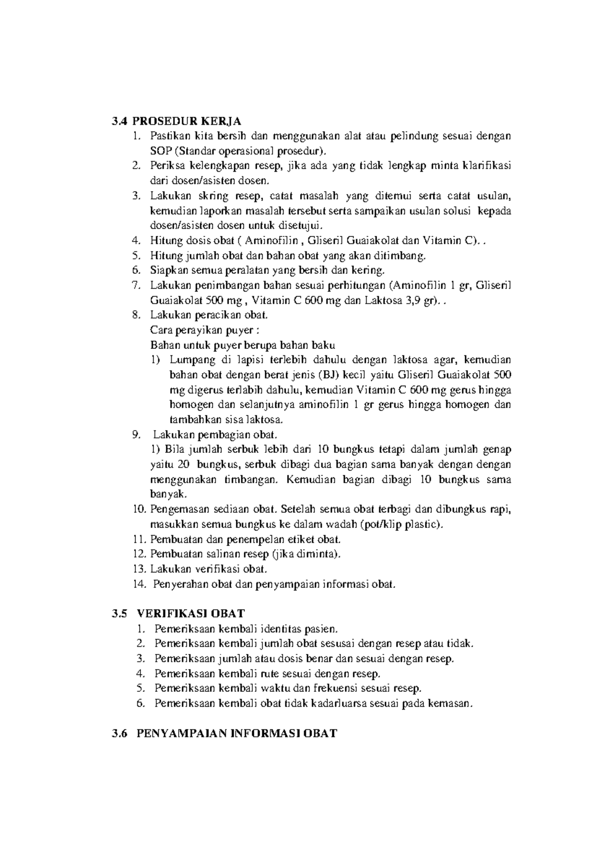 Prosedur Kerja Pembuatan Pulveres Obat: SOP dan Verifikasi Dosis - Studocu