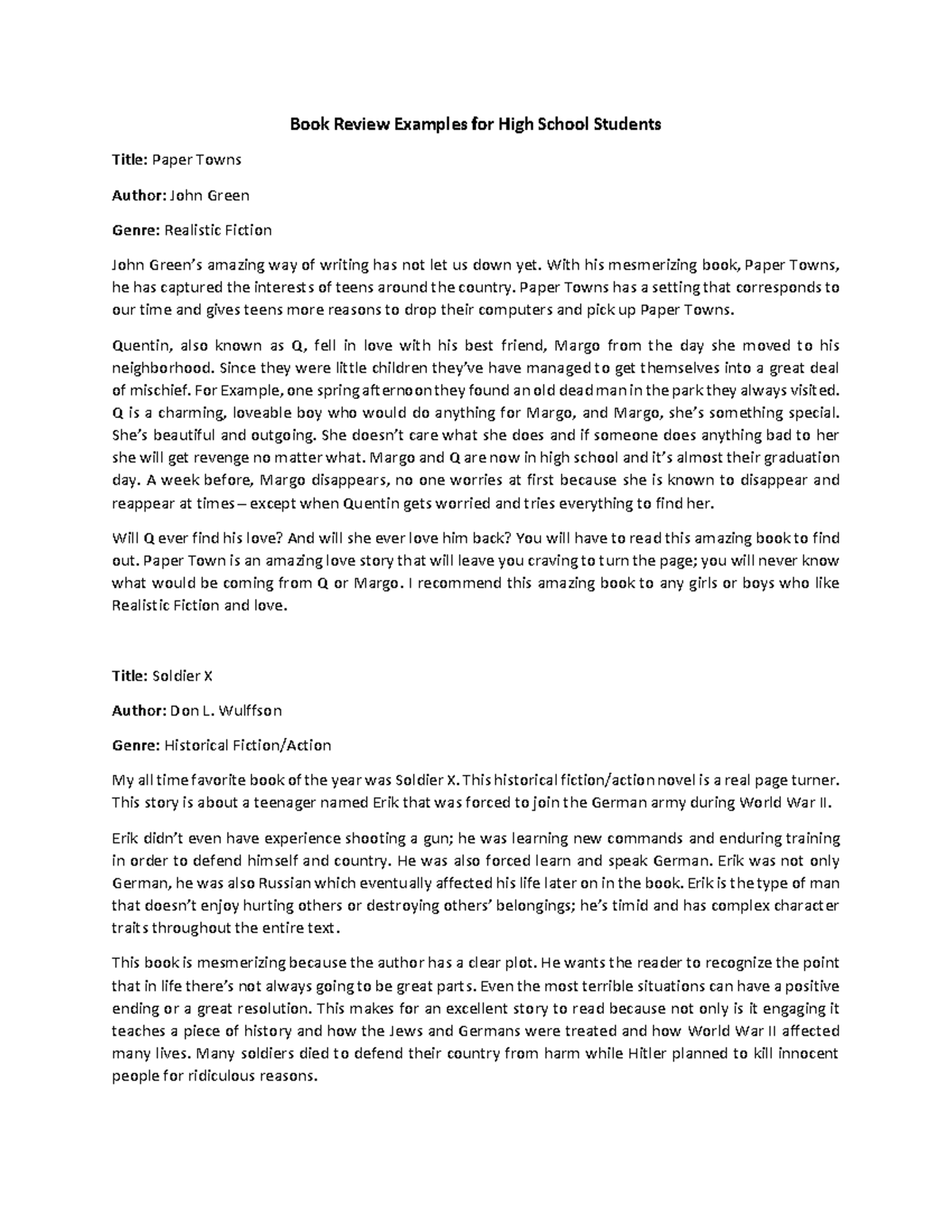 Book review examples for high school students - Book Review Examples ...