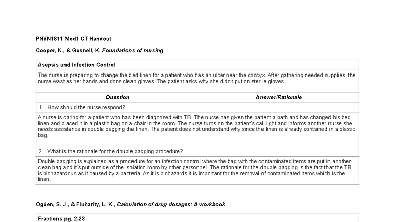 PNVN1811 Mod1 CT Handout: Asepsis, Infection Control & Dosage ...