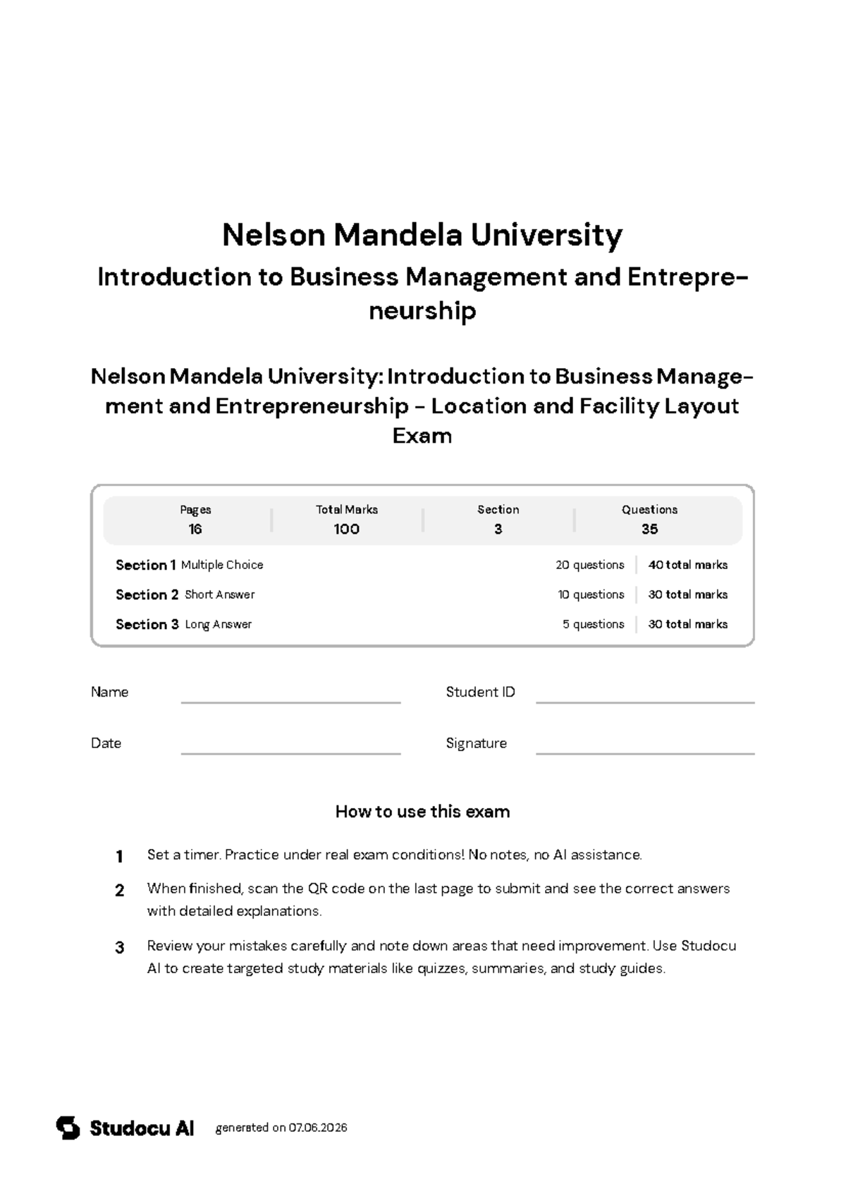 Final Exam: Business Management & Entrepreneurship - Facility Layout ...