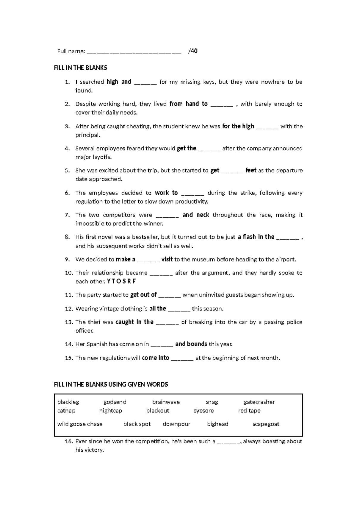 Mini Test 1305: Vocabulary & Reading Skills Fill in the Blanks - Studocu