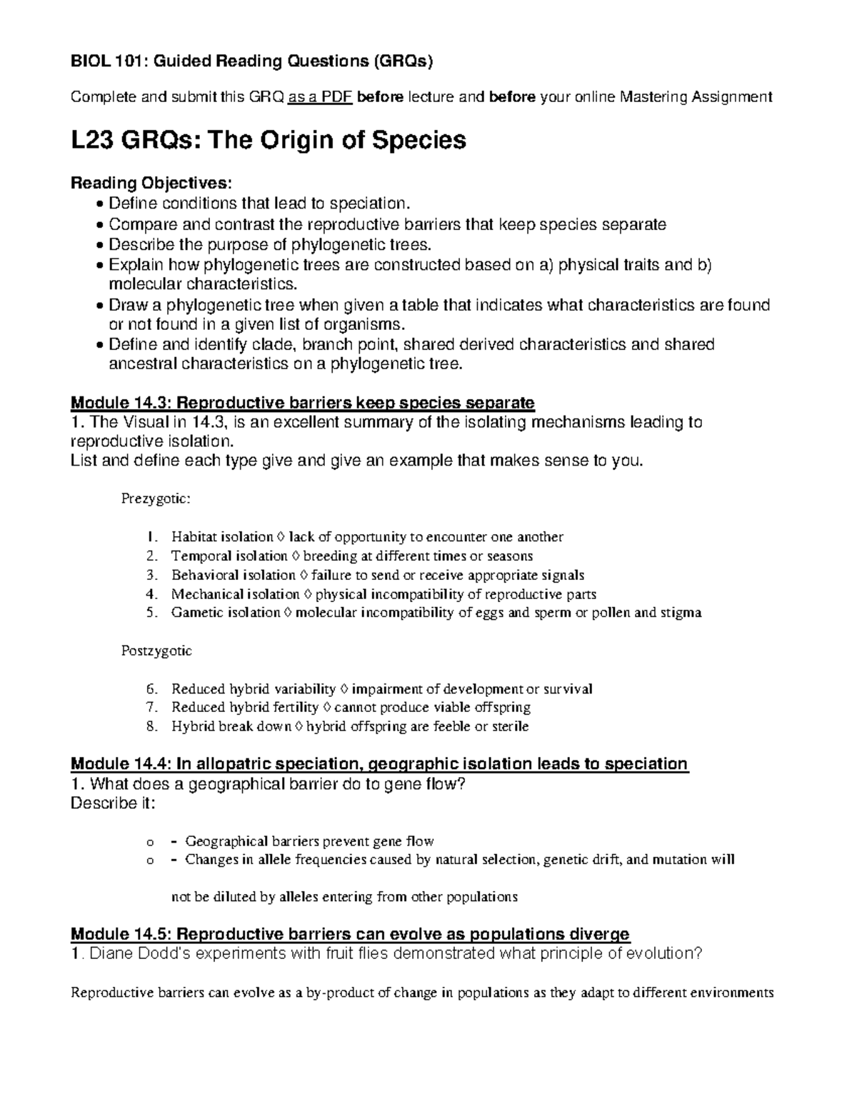 BIOL 101: Lesson 23 Guided Reading Questions on The Origin of Species ...