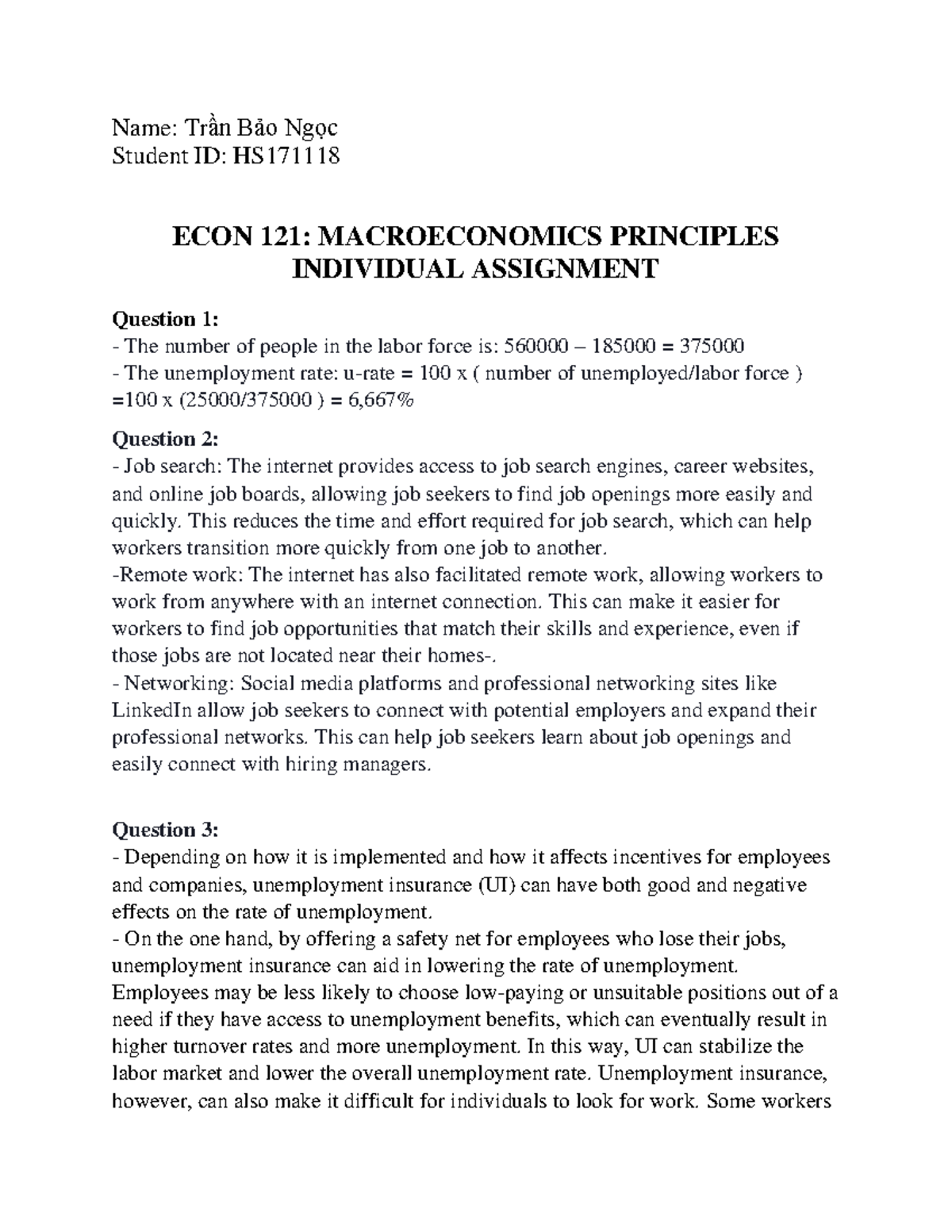 Indi eco - essay - Name: Trần Bảo Ngọc Student ID: HS ECON 121 ...