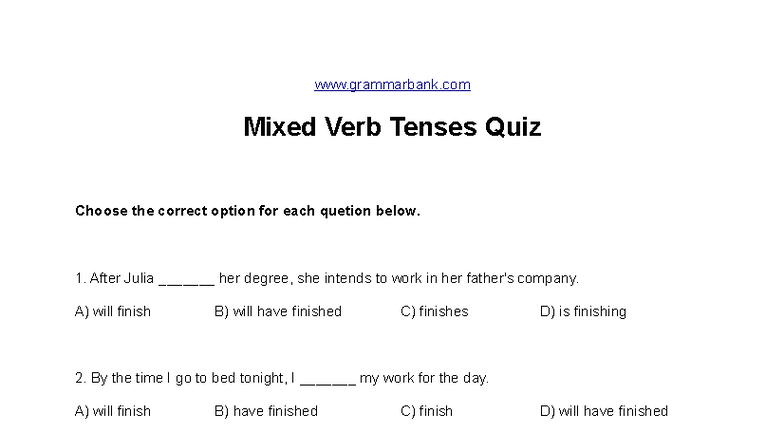 Mixed Verb Tenses Quiz (ENG 101) - Ejercicios para practicar - Studocu
