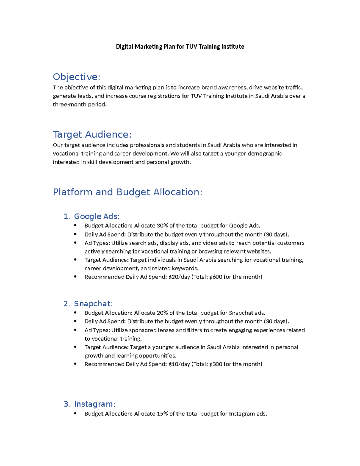 Digital Marketing Plan: TUV Training Institute Strategy (Final Exam ...