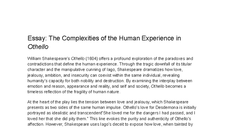 Essay: The Complexities of Human Experience in Othello (ENG 101) - Studocu