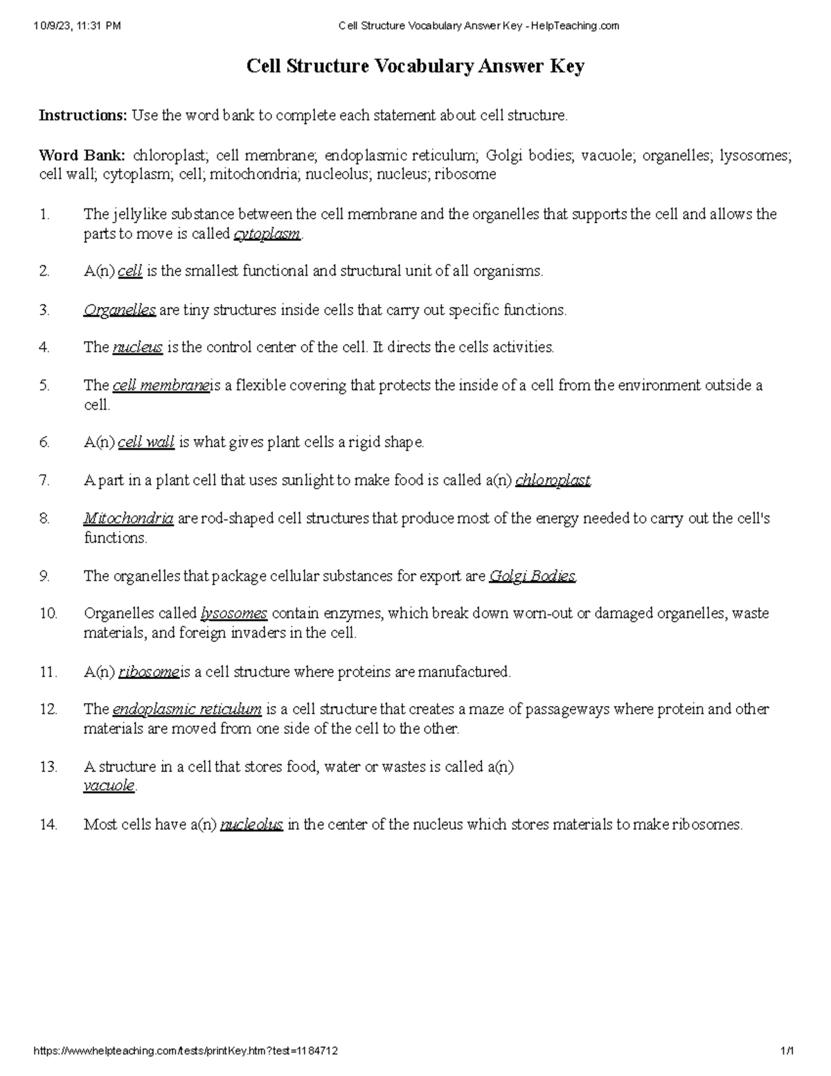 Cell Structure Vocabulary Answer Key (Biology 101) - Studocu