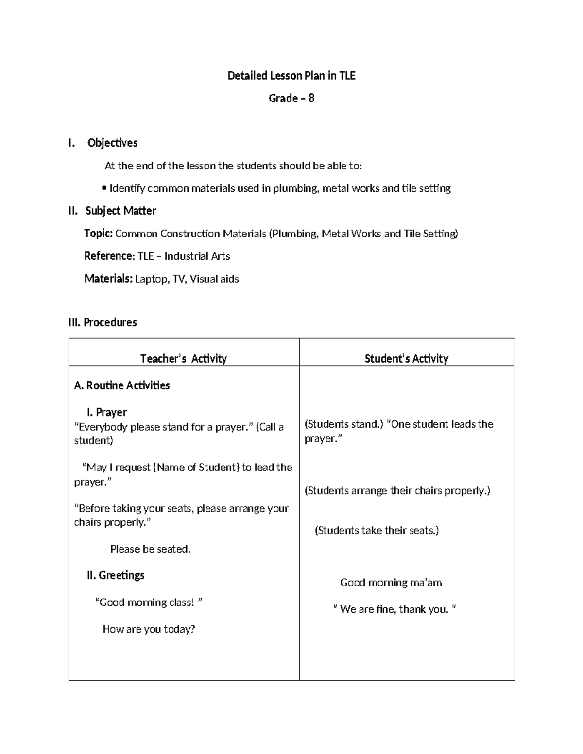 TLE Grade 8 Detailed Lesson Plan: Common Construction Materials - Studocu