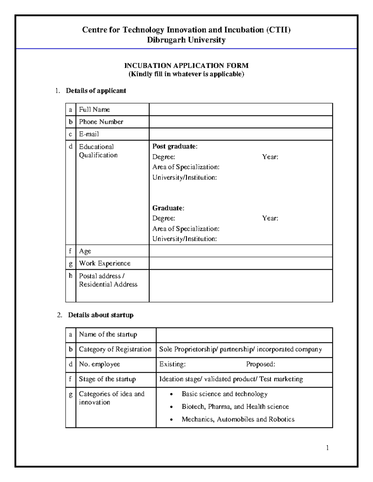 CTTI Incubation Application Form for Dibrugarh University - Studocu