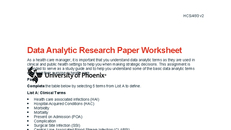 HCS493V2 WK3 Data Analytic Research Paper Worksheet - Studocu