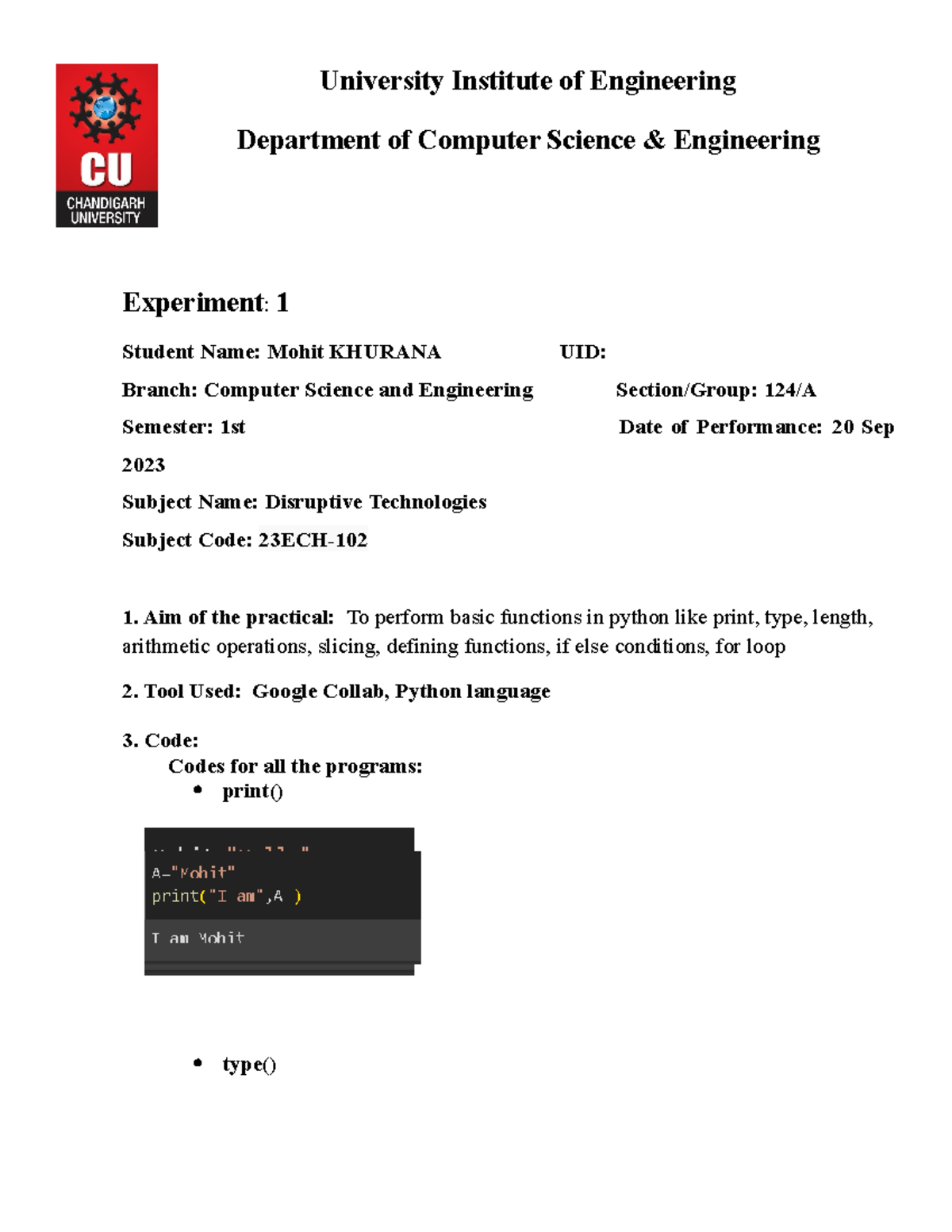 Disruptive Technologies WORKSHEET - Department of Computer Science & Engineering Experiment: 1 ...