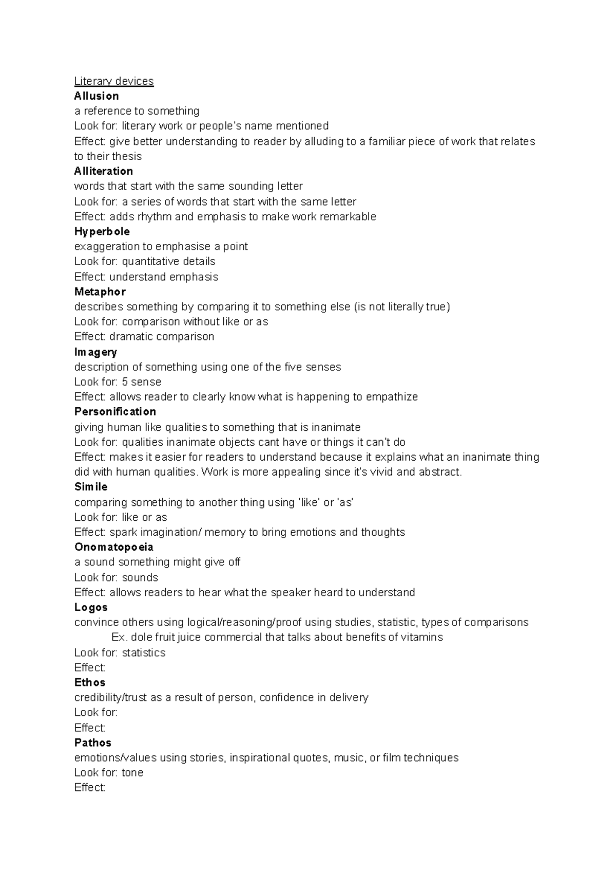 Unit Test - Literary Devices Overview and Effects - Studocu