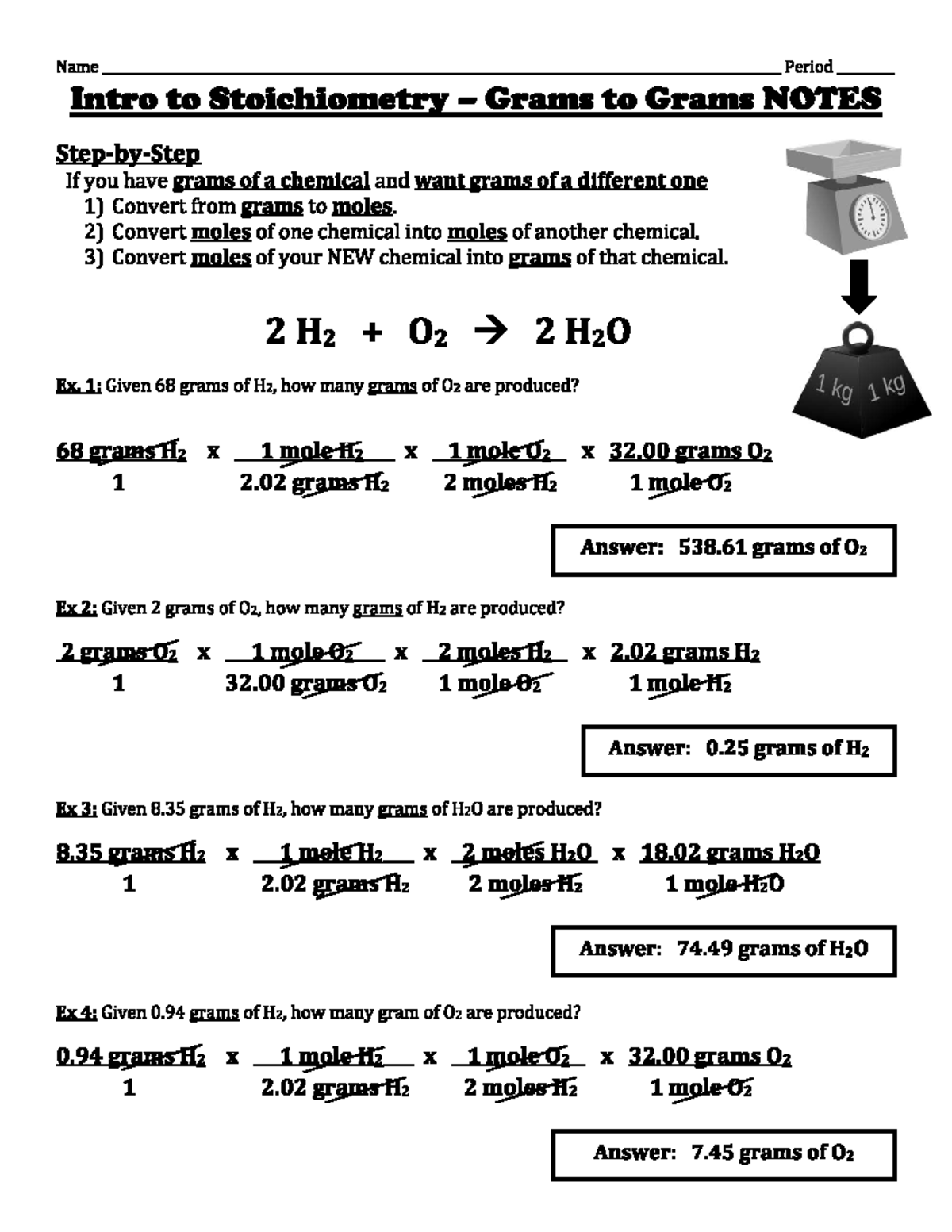 Stoichiometry Grams to Grams Worksheet for Intro to Chem (Chem101 ...