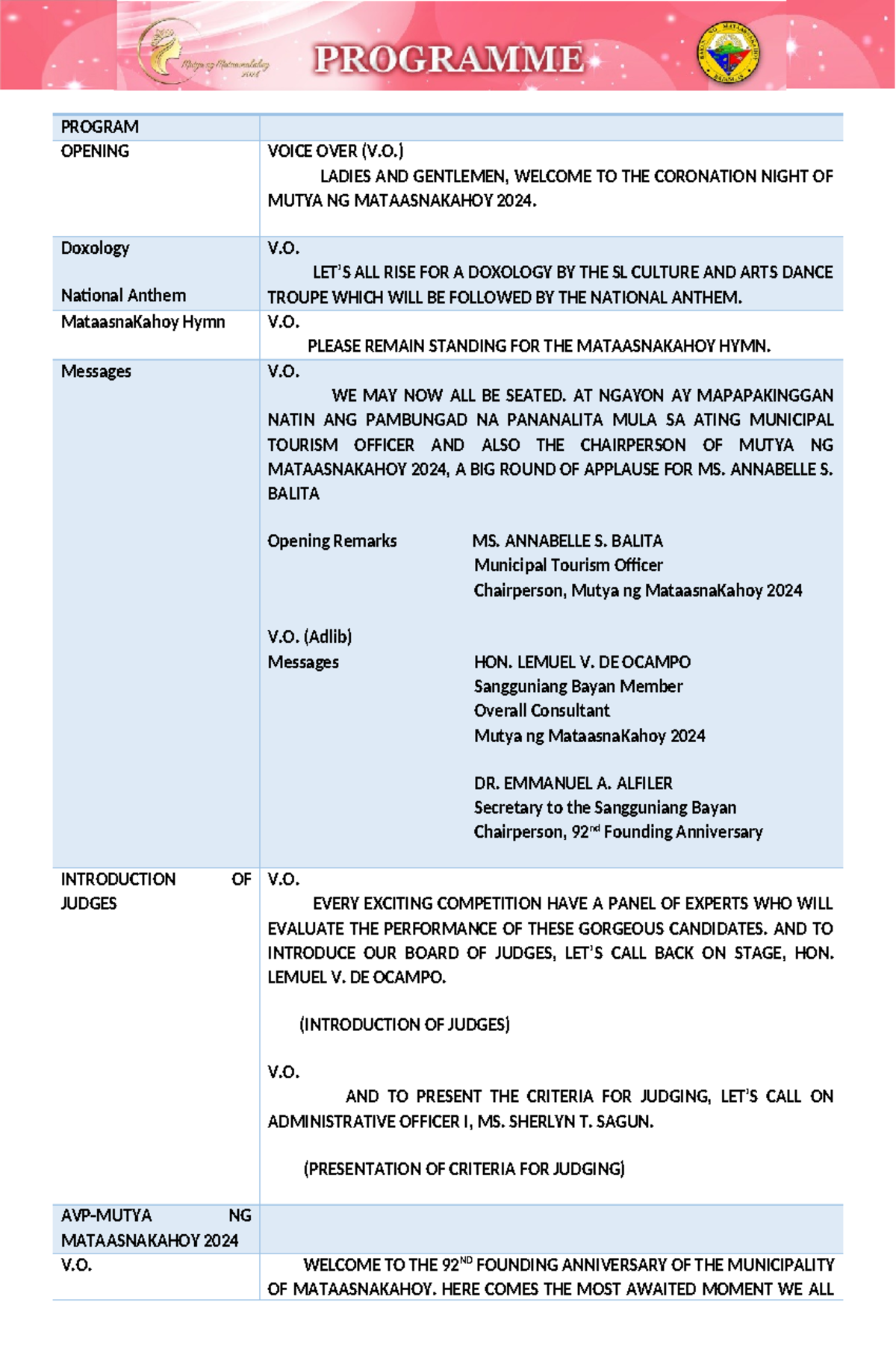 Mutya Script - thnaky yoiu - PROGRAM OPENING VOICE OVER (V.) LADIES AND ...