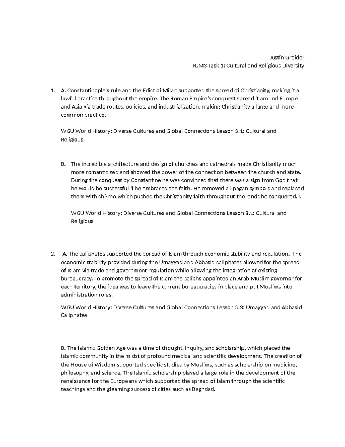 WGU D266 World history task 1: Cultural and religious diversity ...