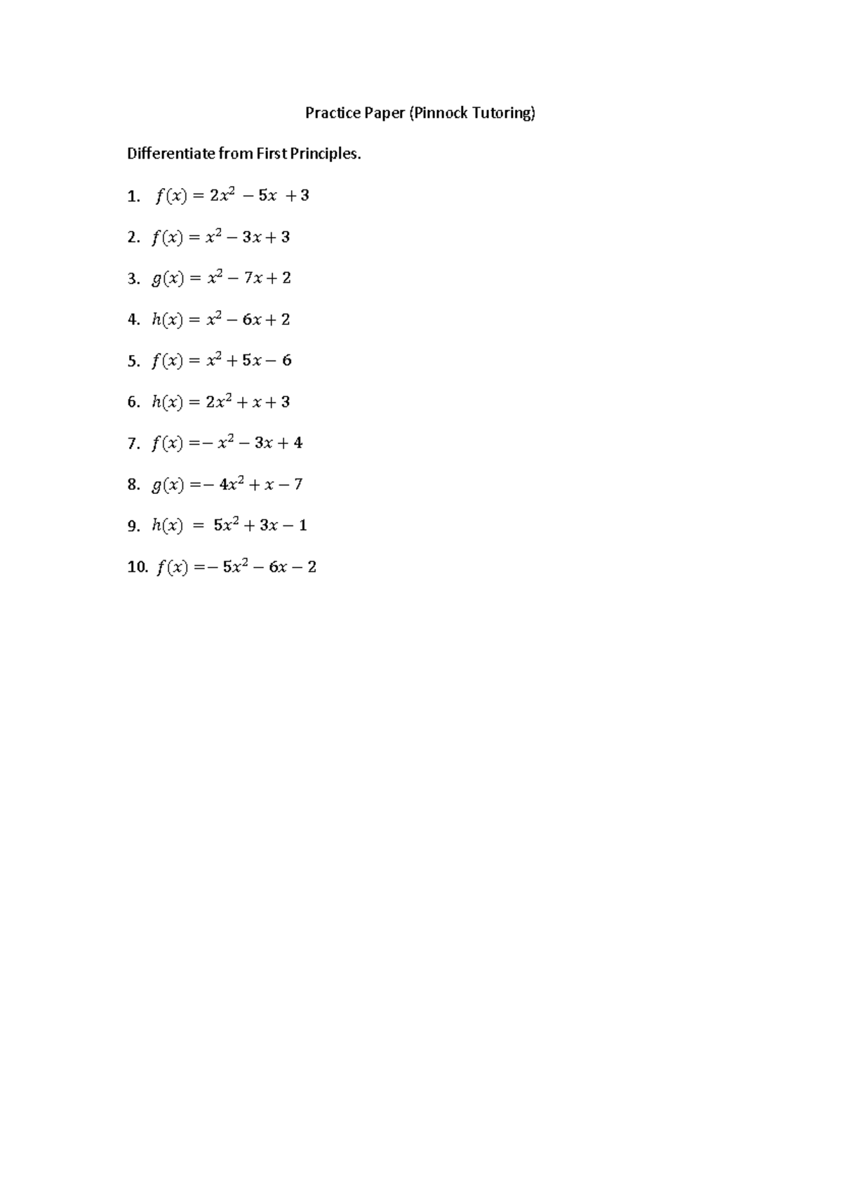 Practice Paper Differentiation from First Principles - Mathematics in ...