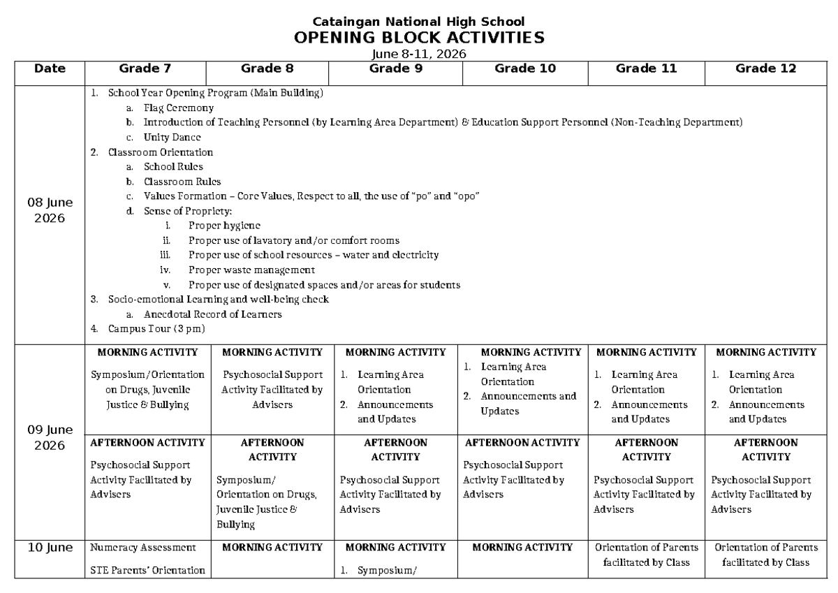 Cataingan National High School Grade 7-12 Opening Block Activities ...