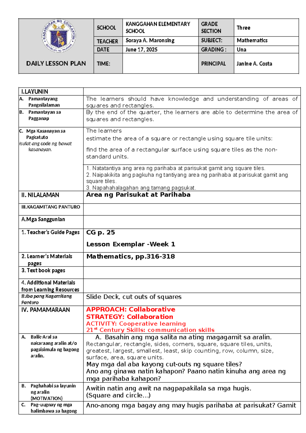 DLP: Daily Lesson Plan for Mathematics - Grade 3 (June 17, 2025) - Studocu