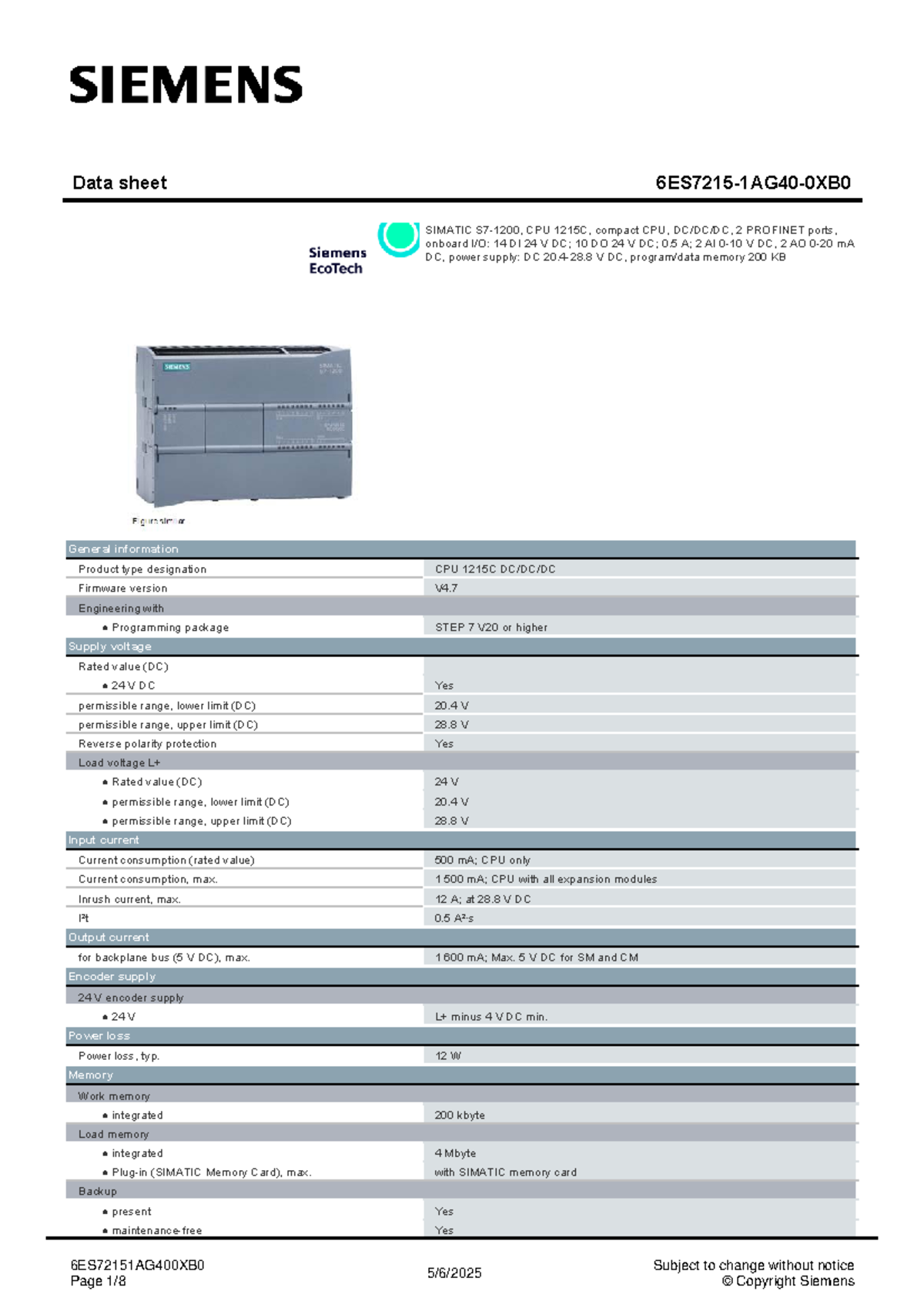 Datasheet for SIMATIC CPU 1215C (6ES72151AG400XB0) - Studocu