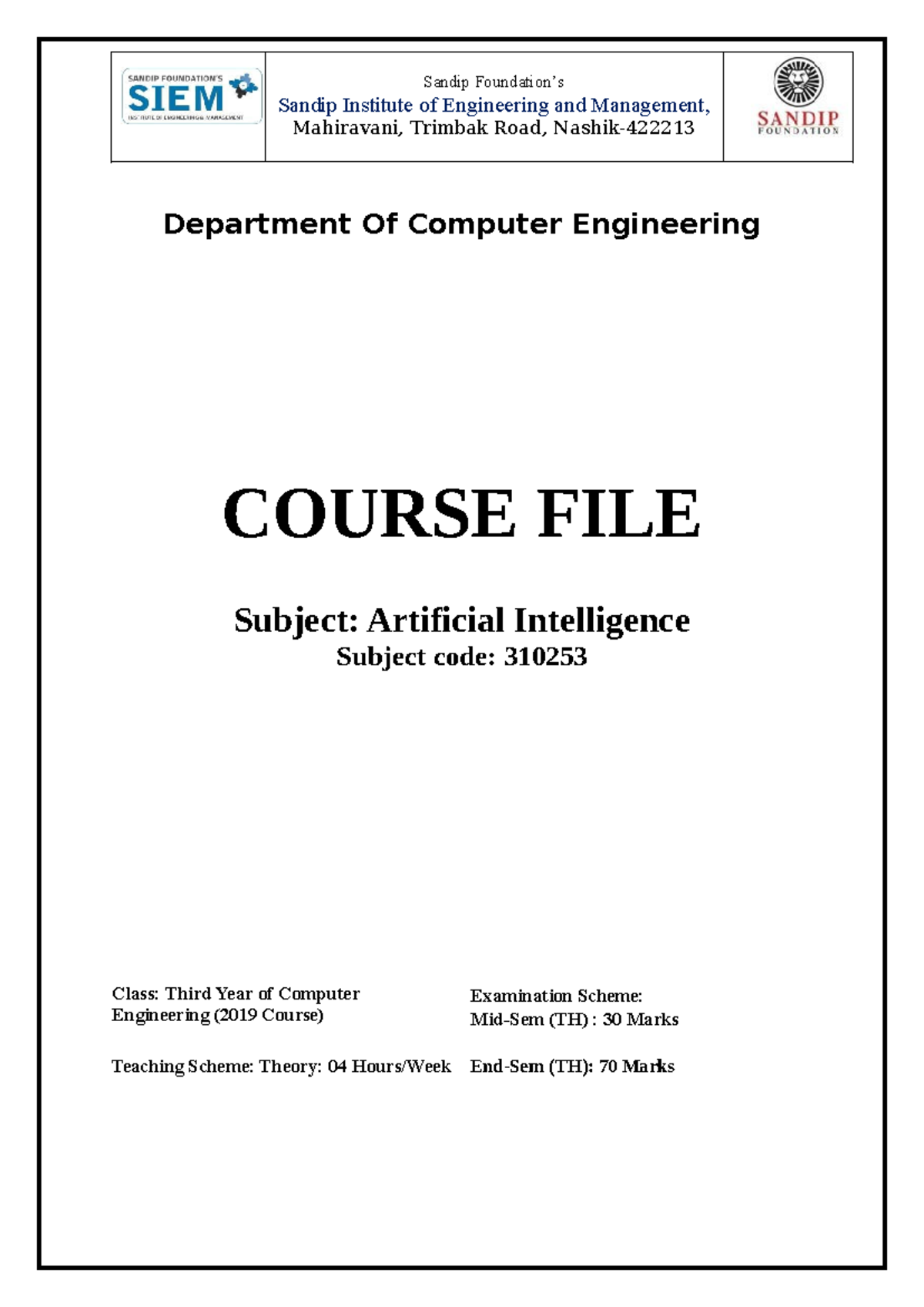 Course File: Artificial Intelligence (310253) - Third Year Engineering ...