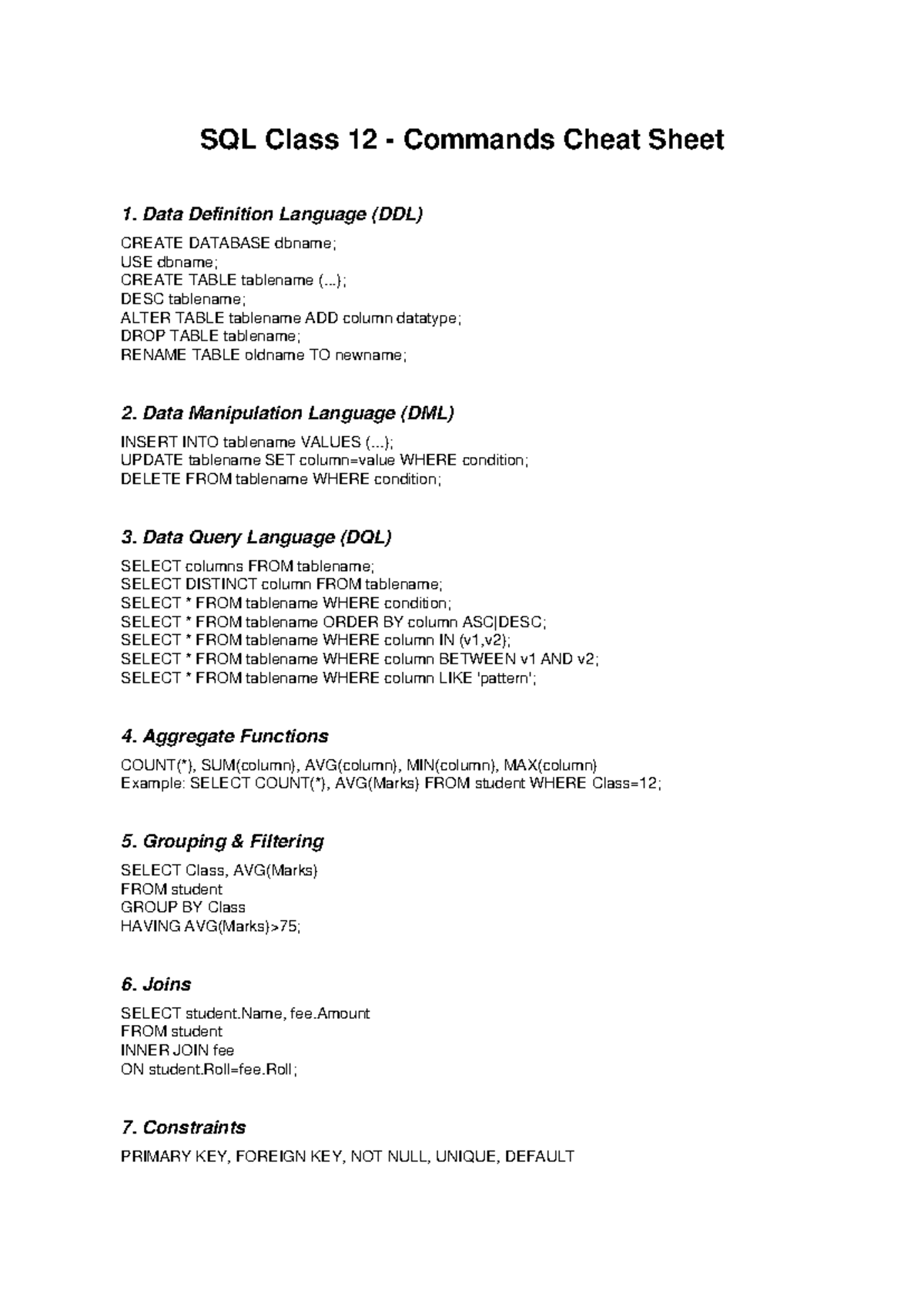 SQL Class 12 Cheat Sheet: DDL, DML, DQL & Functions - Studocu