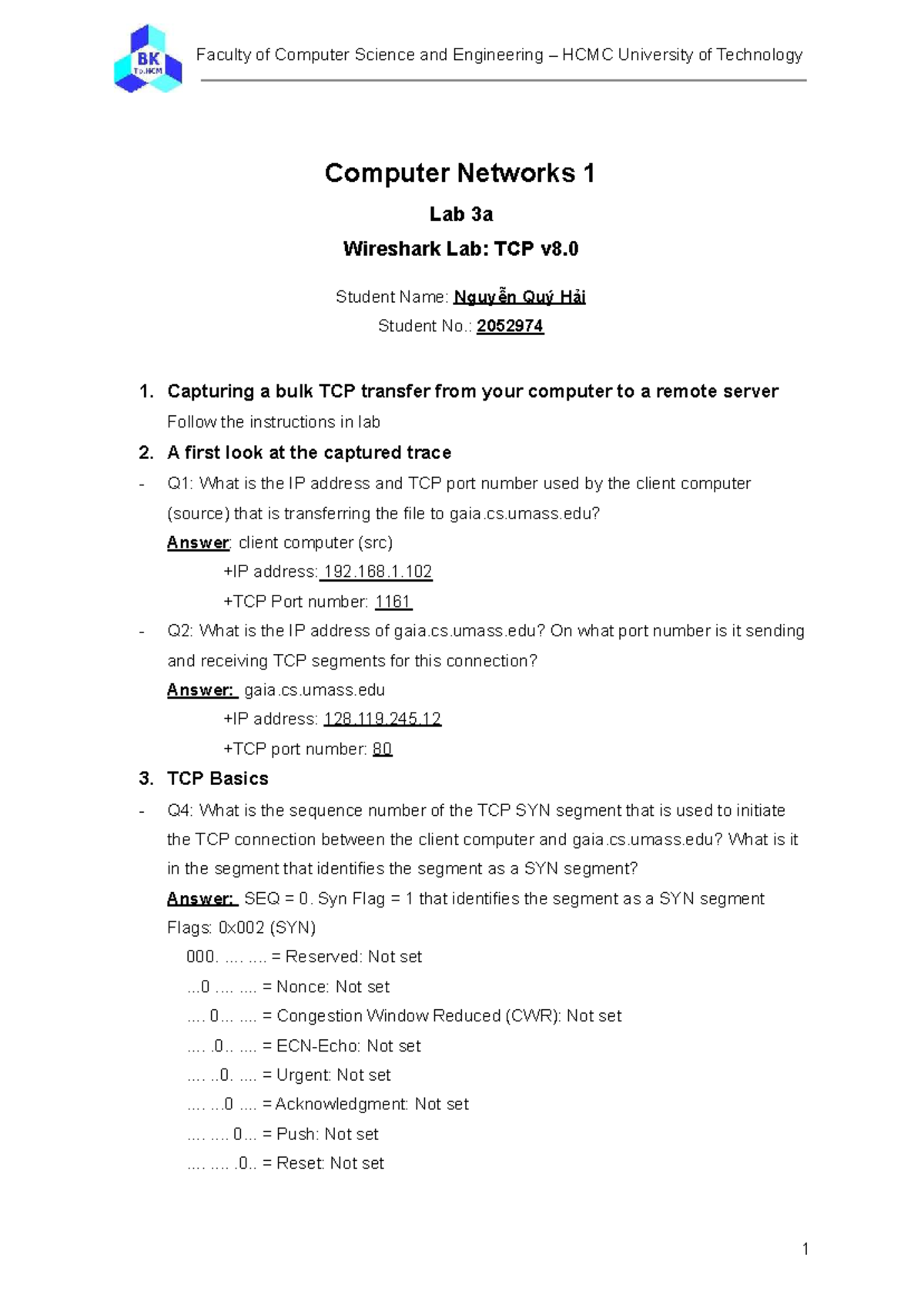 Computer Networks 1 Lab 3a: Wireshark TCP Analysis - 2052974 - Studocu
