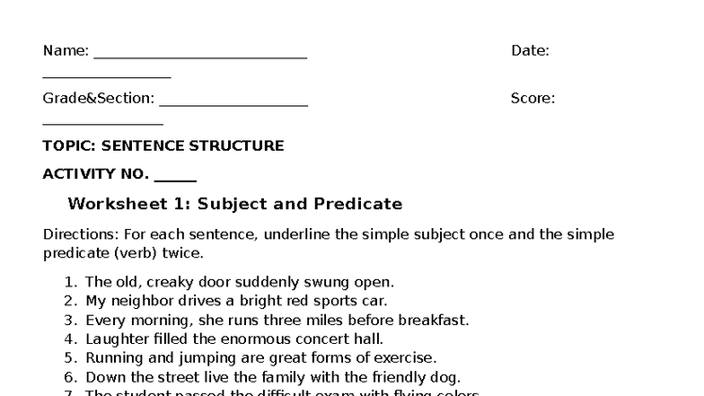 Worksheet 8: Sentence Structure Activities and Answers - Studocu