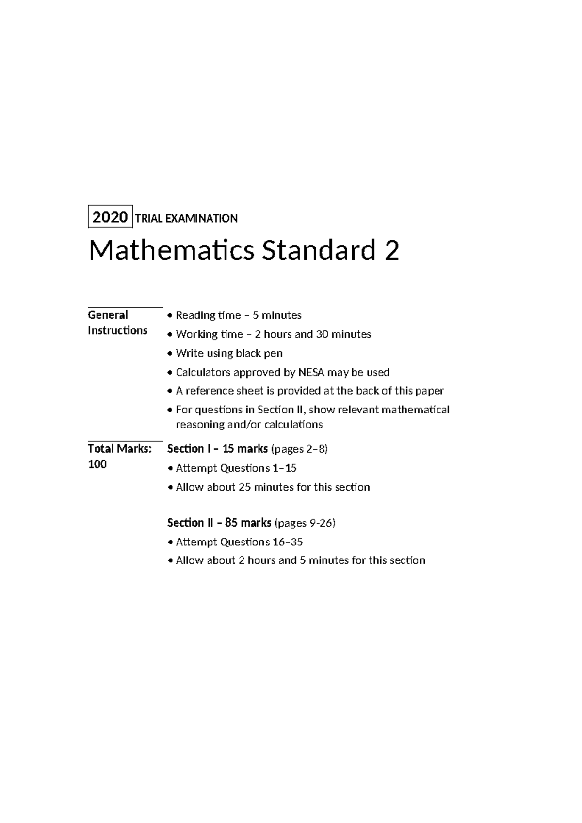 2020 TRIAL EXAMINATION Mathematics Standard 2 - Comprehensive Guide ...