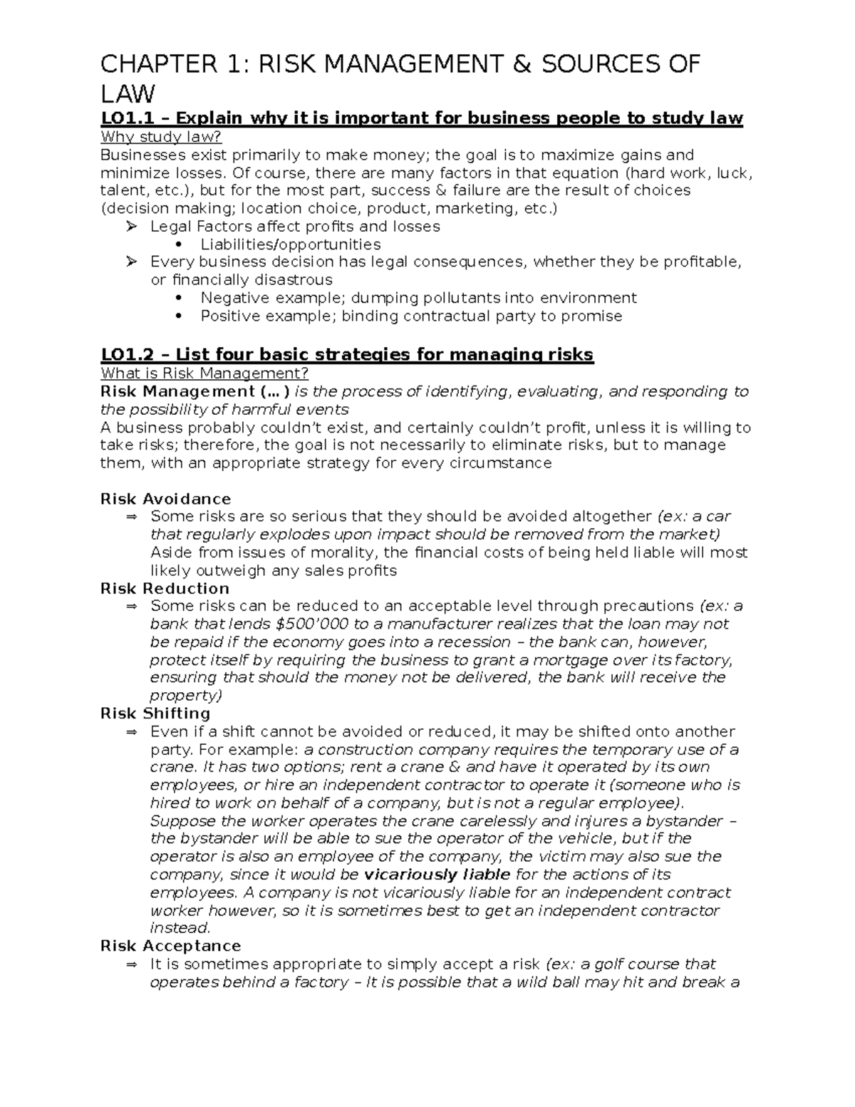 Chapter 1 Summary: Understanding Risk Management & Law (MGT 101) - Studocu