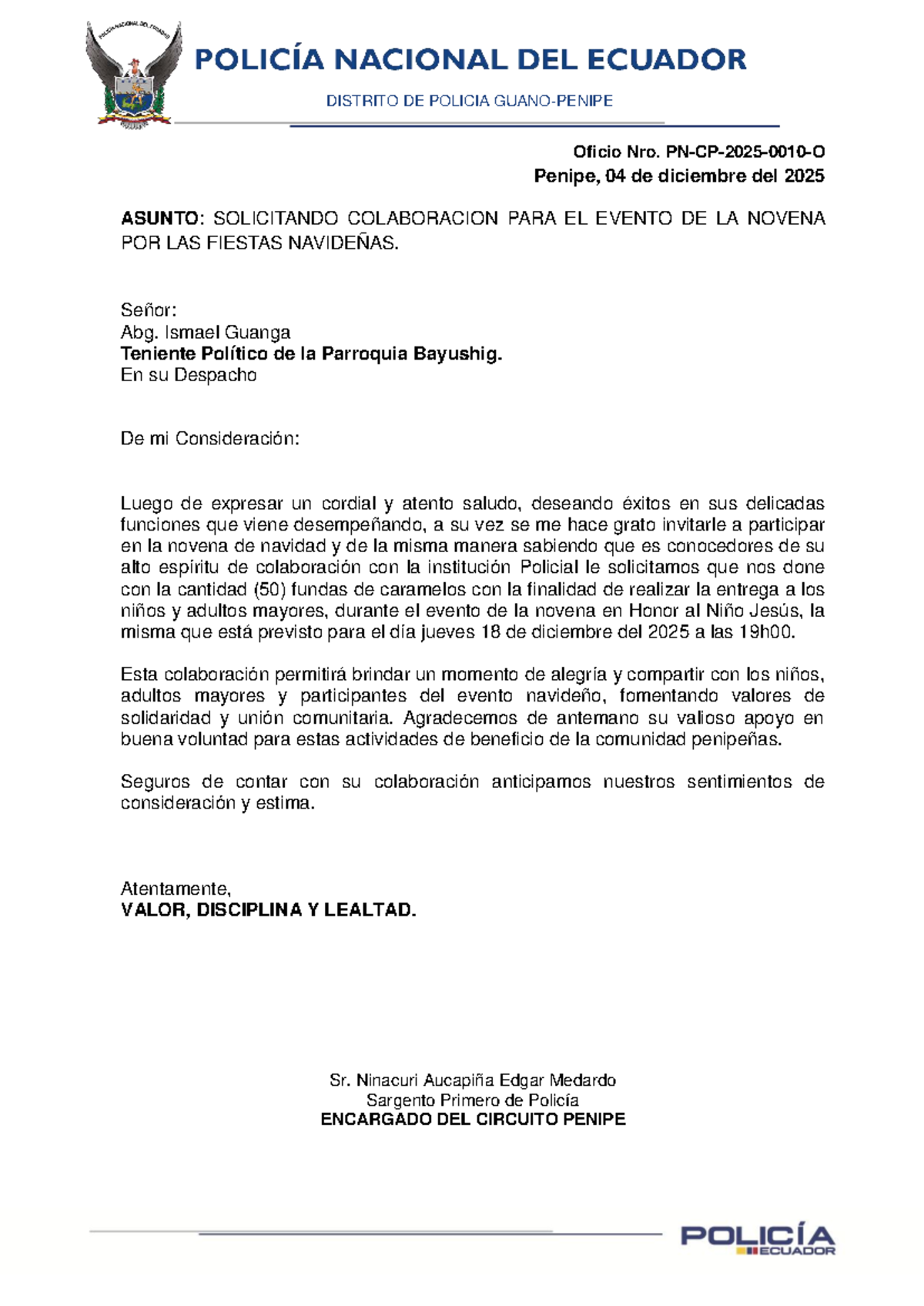 Oficios para Solicitar Colaboración de Caramelos - Novena 2025 - Studocu