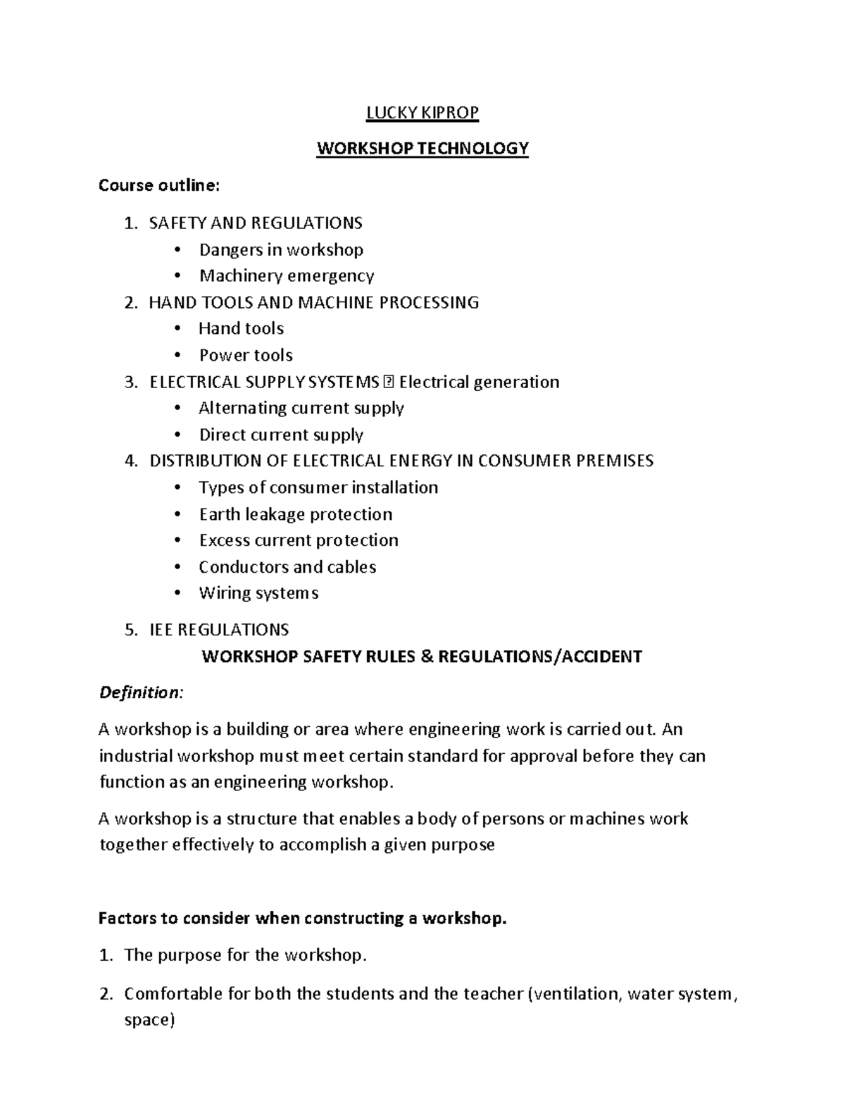 Workshop TECH Electrical Course Outline and Safety Guidelines - Studocu