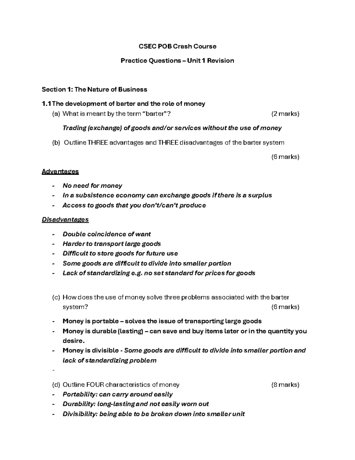CSEC POB Crash Course - Revision Analysis for Unit 2 Concepts - Studocu