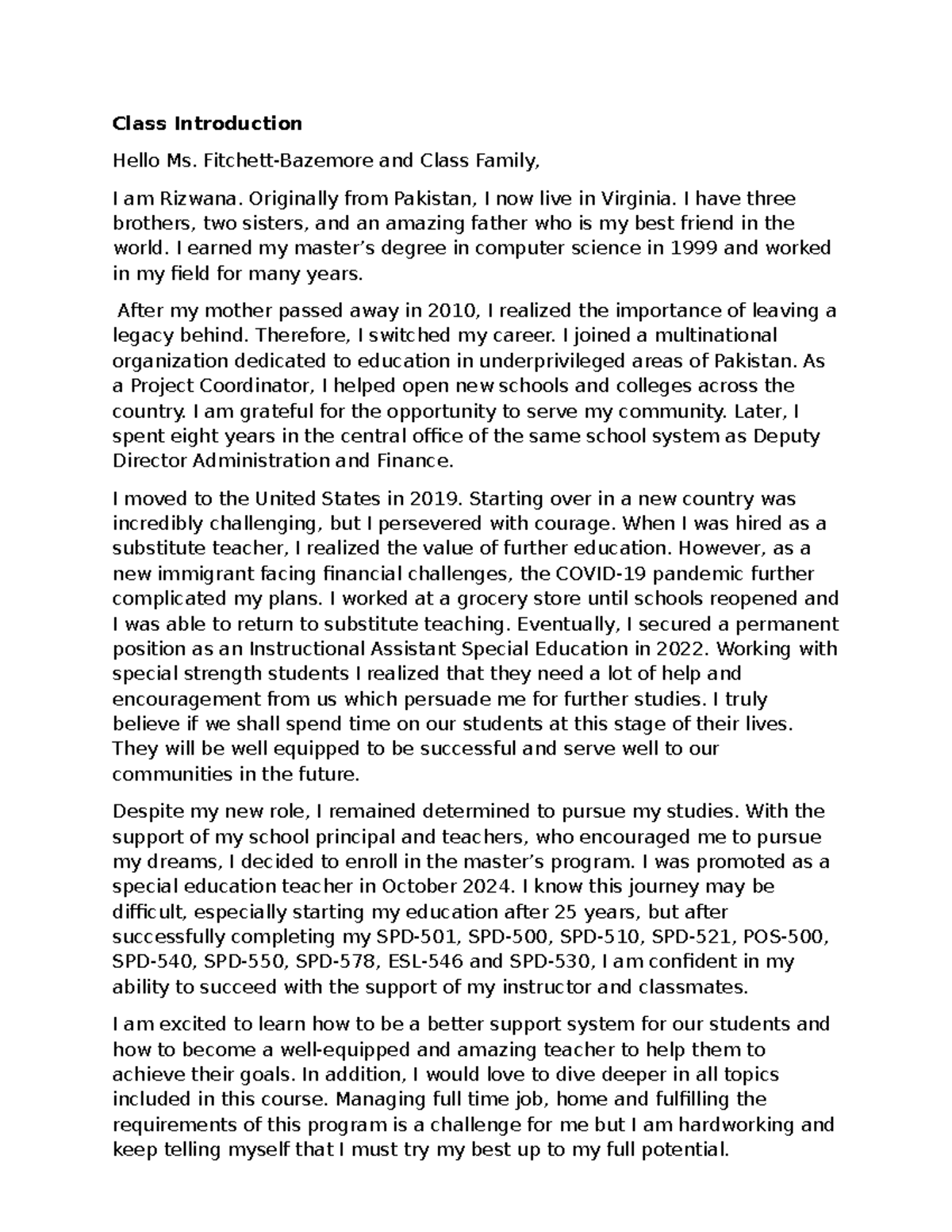 Class Introduction: My Journey in Education and Personal Growth - Studocu