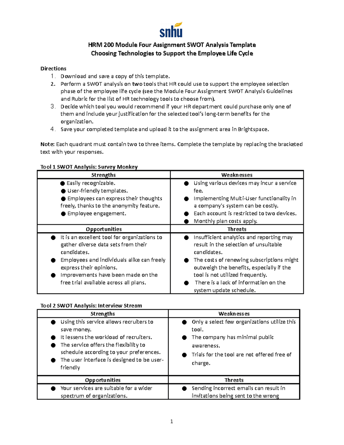HRM 200 Module Four SWOT Analysis: Supporting Employee Selection Tools - Studocu