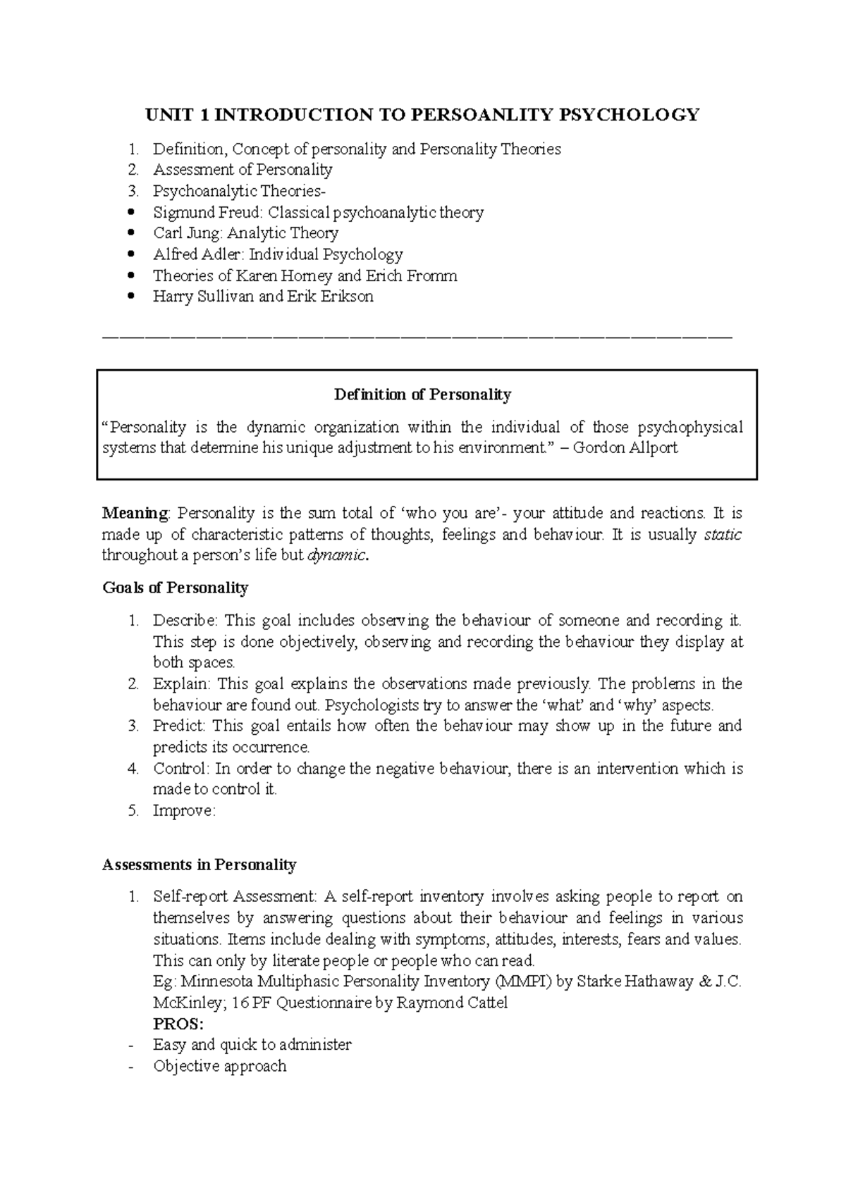 UNIT 1: Introduction to Personality Psychology - Key Theories ...