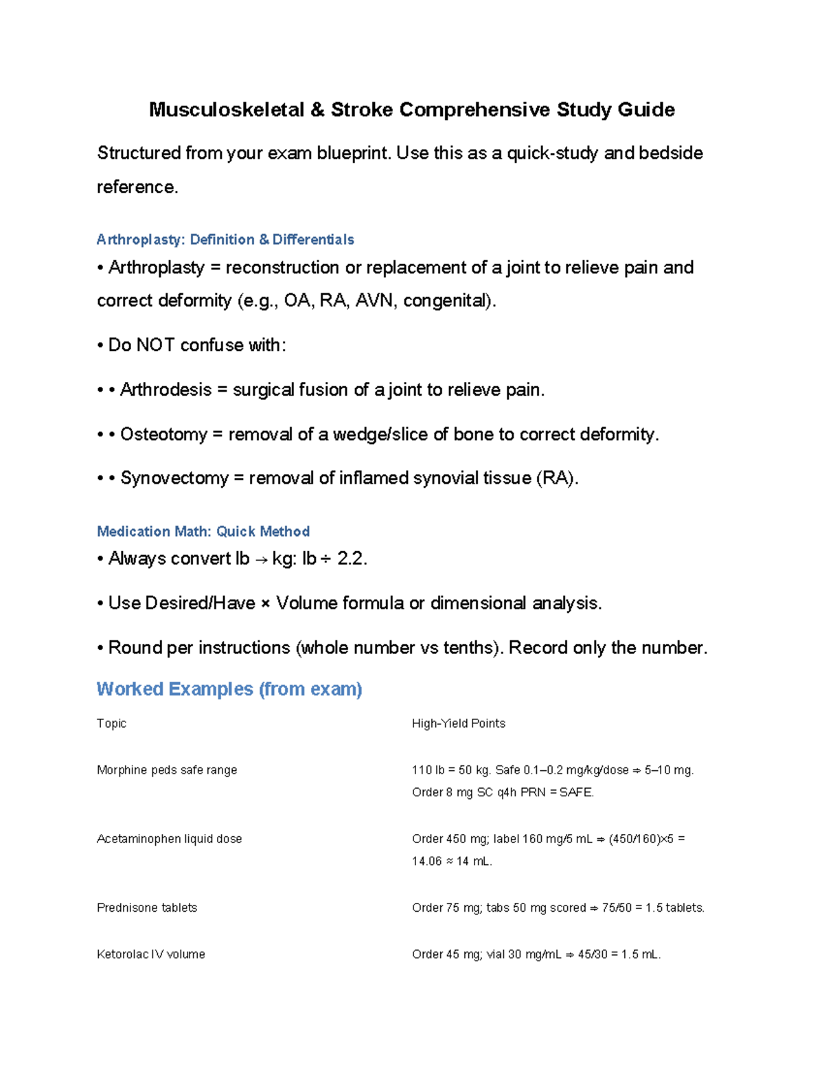 Musculoskeletal & Stroke High-Yield Study Guide for Exam Prep - Studocu