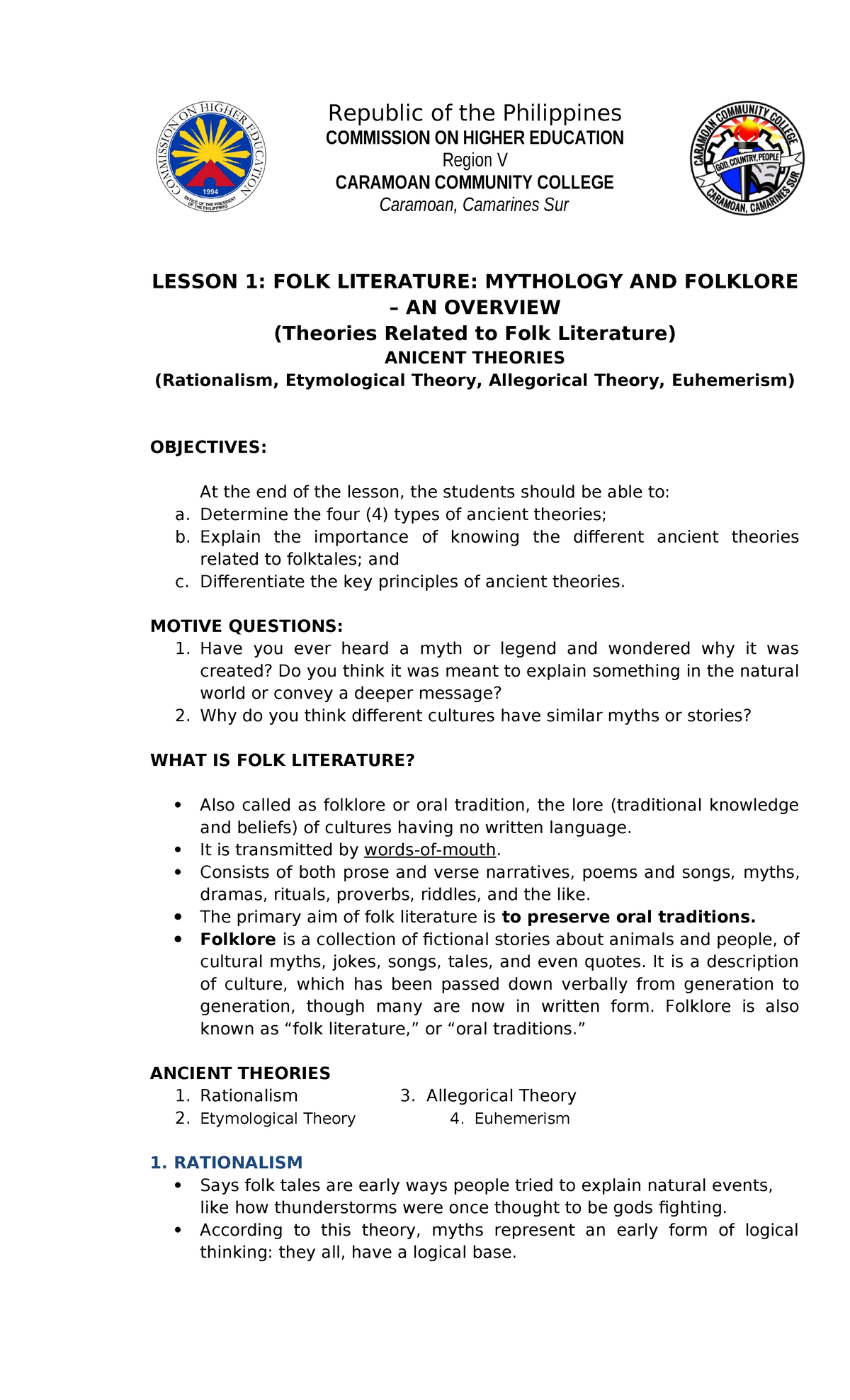 Ancient Theories of Folk Literature: Lesson 1 Overview - Studocu