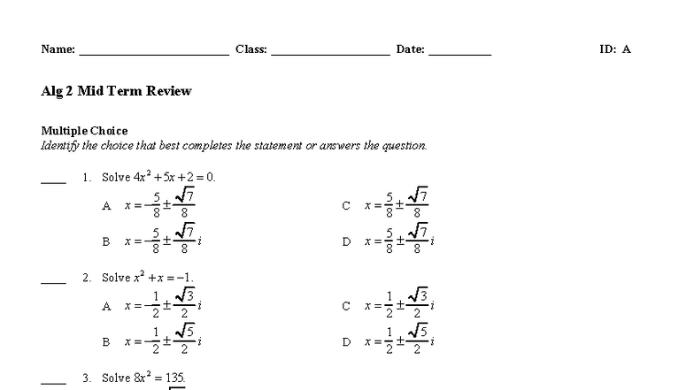 Alg 2 Midterm Review - Multiple Choice Questions - Studocu