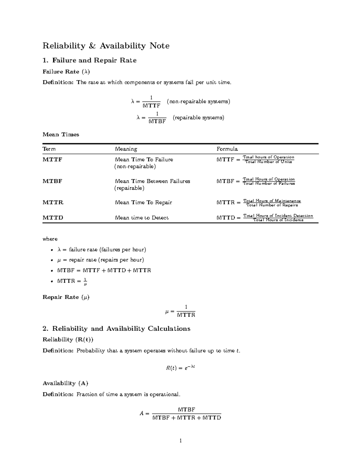 Reliability and Availability Notes: Key Formulas and Definitions - Studocu