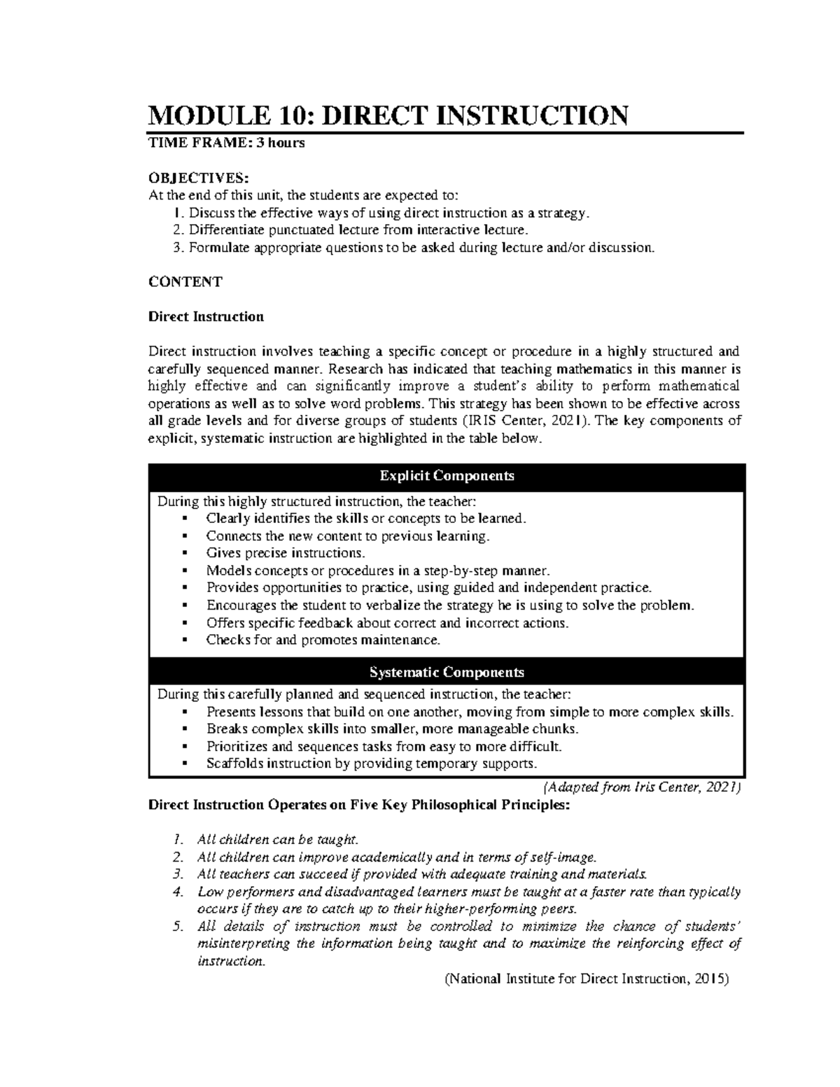 Module 10 - Direct Instruction: Strategies for Effective Teaching - Studocu