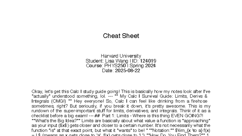 PHYS250 Spring 2024: Calc I Survival Guide Cheat Sheet - Studocu
